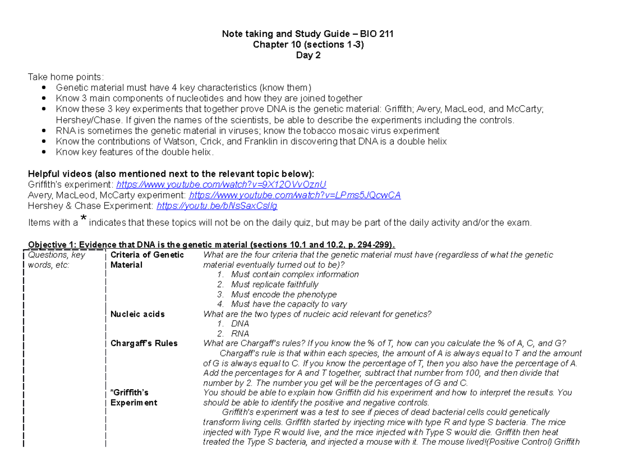 BIO 211- Day 2 Note Taking Guide Ch 10 DNA Structure - Note taking and ...
