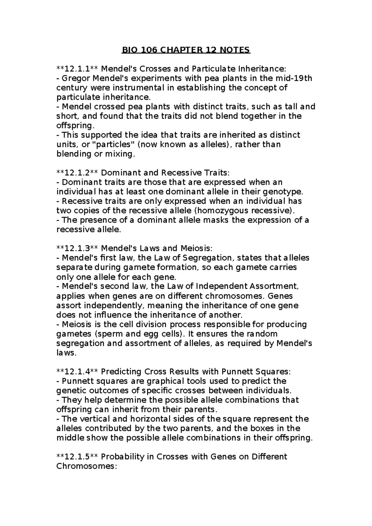 Chapter 12 notes ch 12 - BIO 106 CHAPTER 12 NOTES 12.1 Mendel's Crosses ...