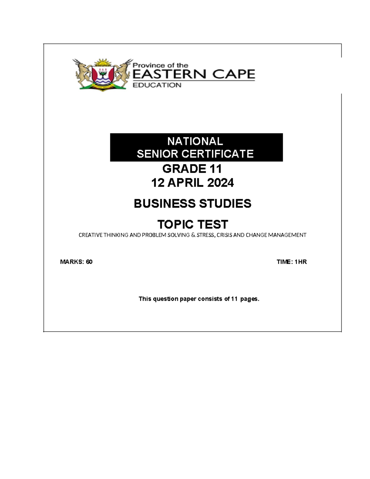 Grade 11 topic test memo - NATIONAL SENIOR CERTIFICATE GRADE 11 12 ...