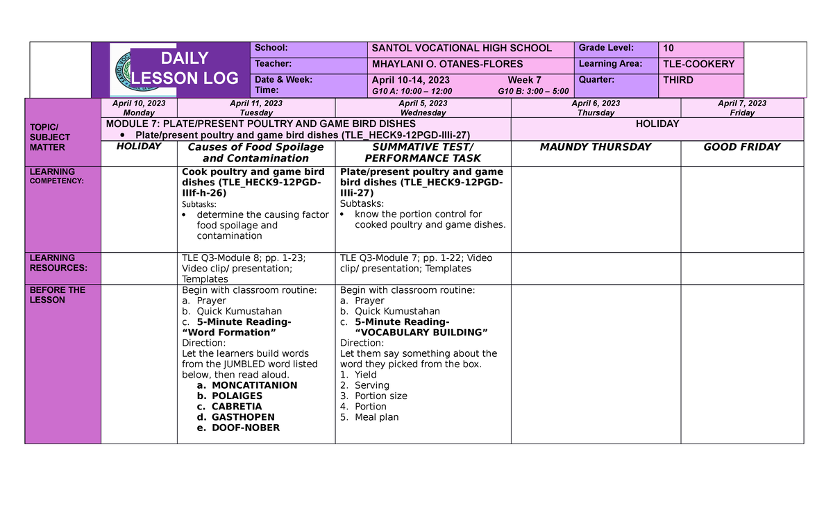 DLL 3RD - this is an example of Daily Lesson Log - School: SANTOL ...