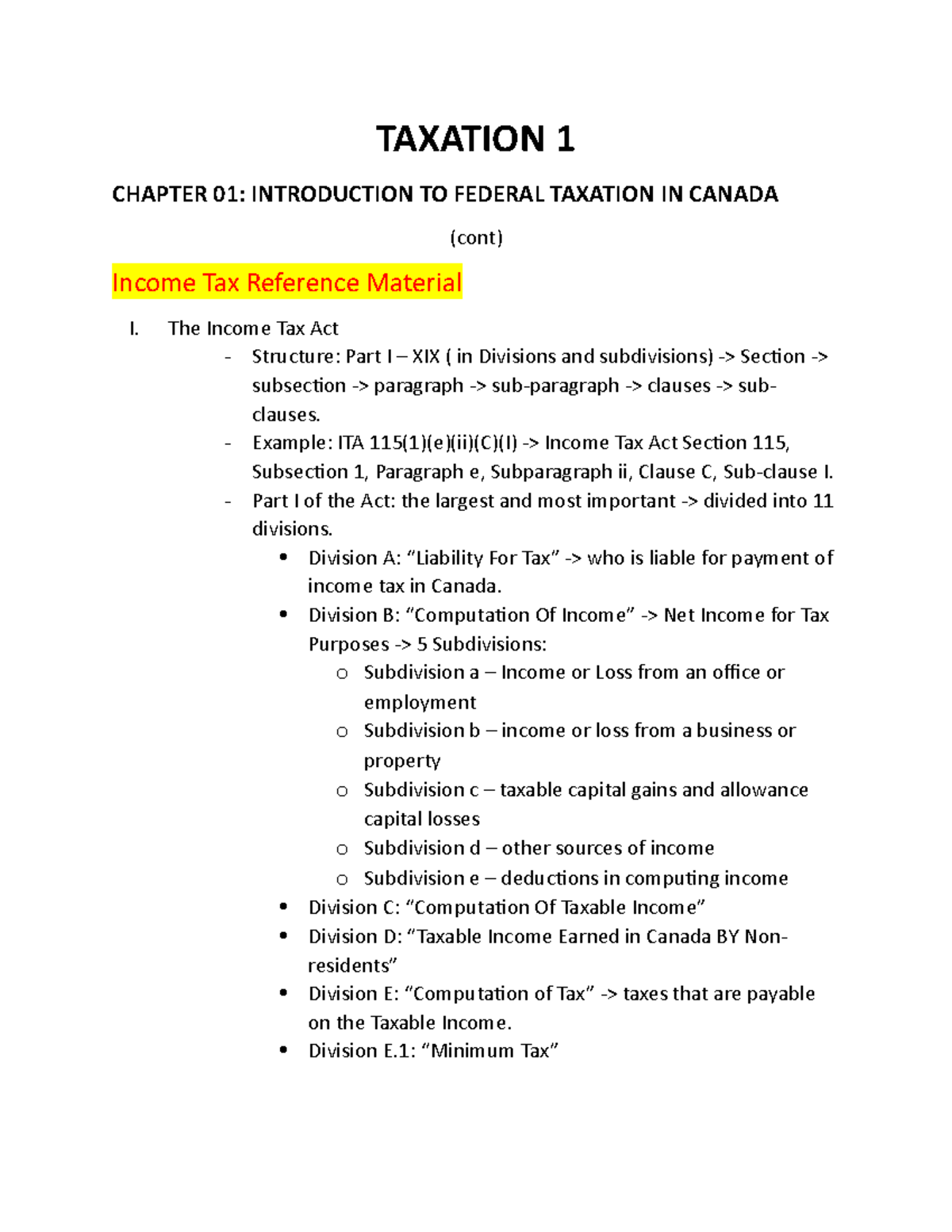 Taxation 1 - Chaper 01 - notes about the Income Tax Act in Canda ...