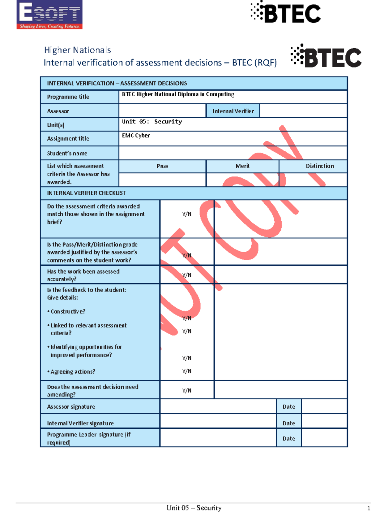 Sample 1 SEC - Good - Higher Nationals Internal verification of ...