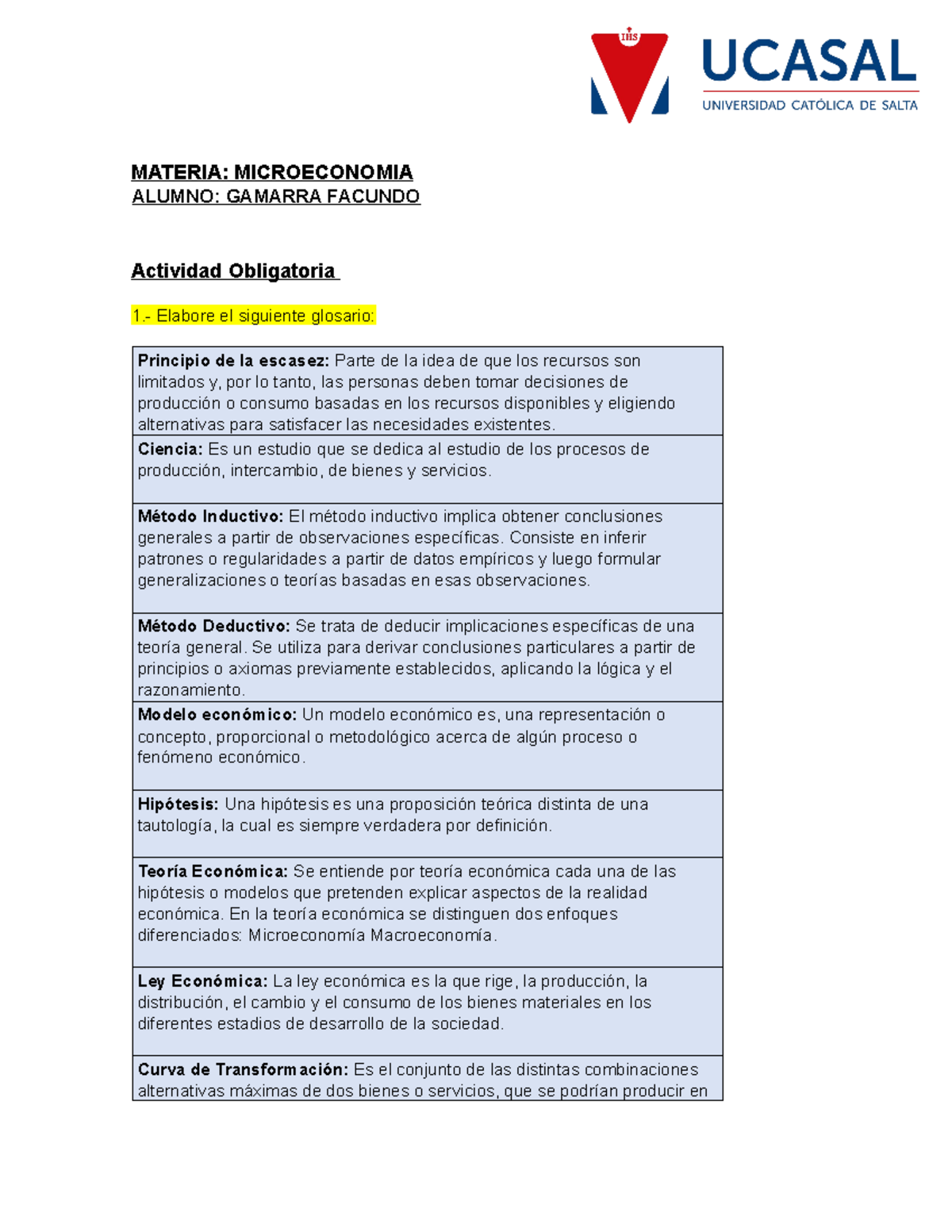 Microeconomia TP1 Activ. O - MATERIA: MICROECONOMIA ALUMNO: GAMARRA ...