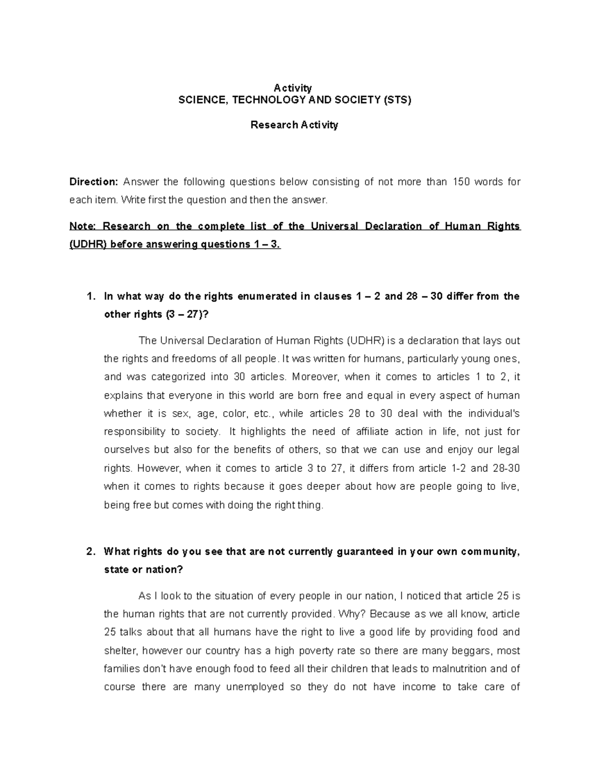 STS Activity- Research- Activity - Activity SCIENCE, TECHNOLOGY AND ...