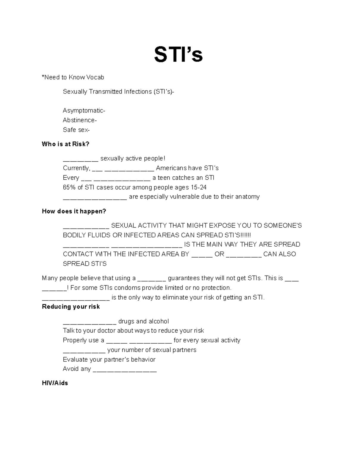 - STI’s - Prof g - STI’s *Need to Know Vocab Sexually Transmitted ...