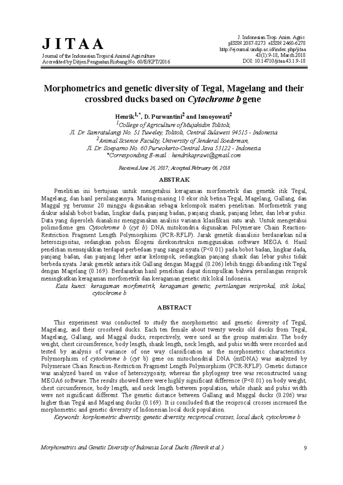 Morphometrics and genetic diversity of Tegal, Magelang and their ...