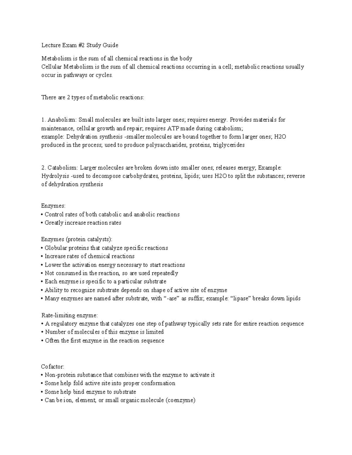 Lecture Exam #2 Study Packet - Lecture Exam #2 Study Guide Metabolism is the sum of all chemical ...