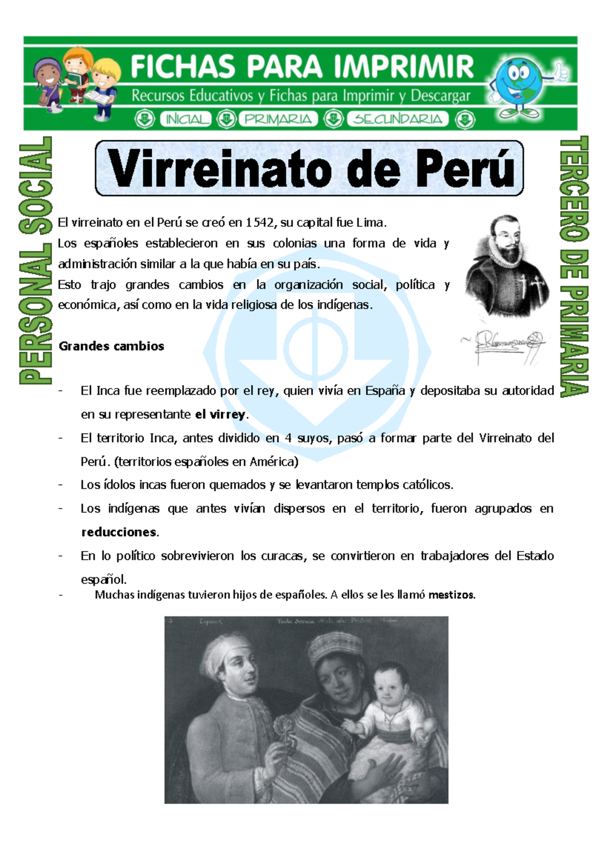 Ficha virreinato de peru para Tercero de Primaria - El virreinato en el Perú se creó en 1542, su ...