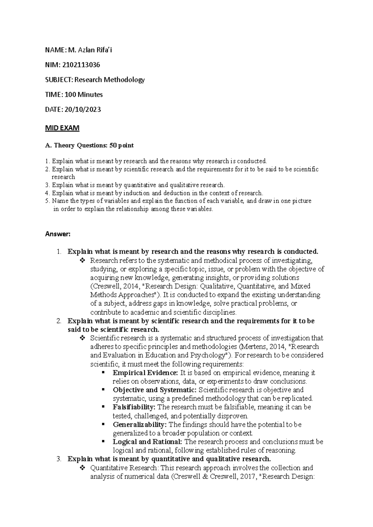 MID EXAM Research Methodology M. Azlan Rifai(2102113036) - NAME: M. Azlan Rifa’i NIM: 2102113036 ...