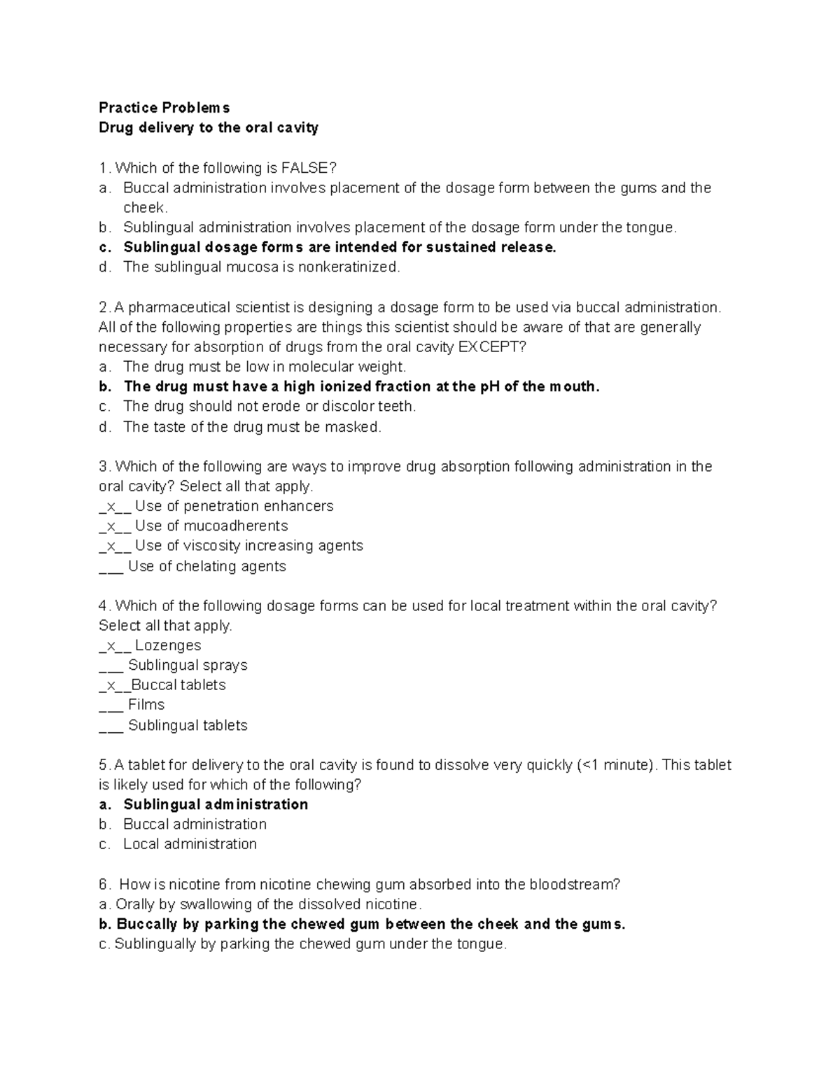 Practice Problems - Drug delivery to the oral cavity - KEY - Practice ...