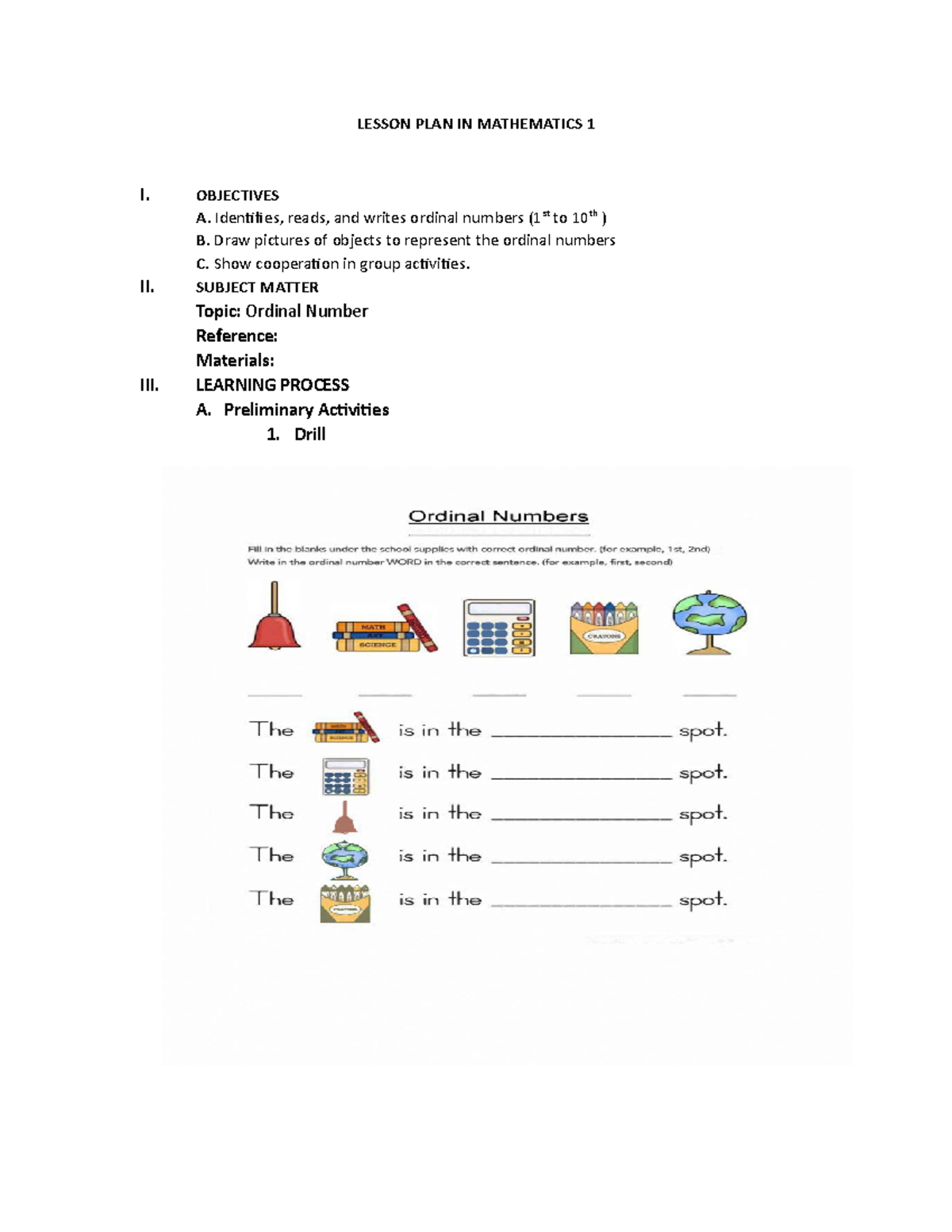 Lesson plan mathematics 1 - LESSON PLAN IN MATHEMATICS 1 I. OBJECTIVES ...