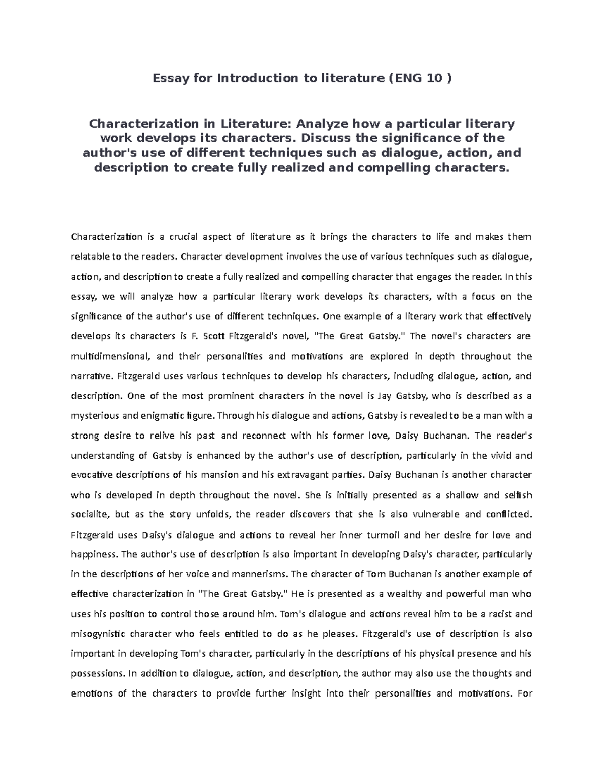 Characterization in Literature - Discuss the significance of the author ...