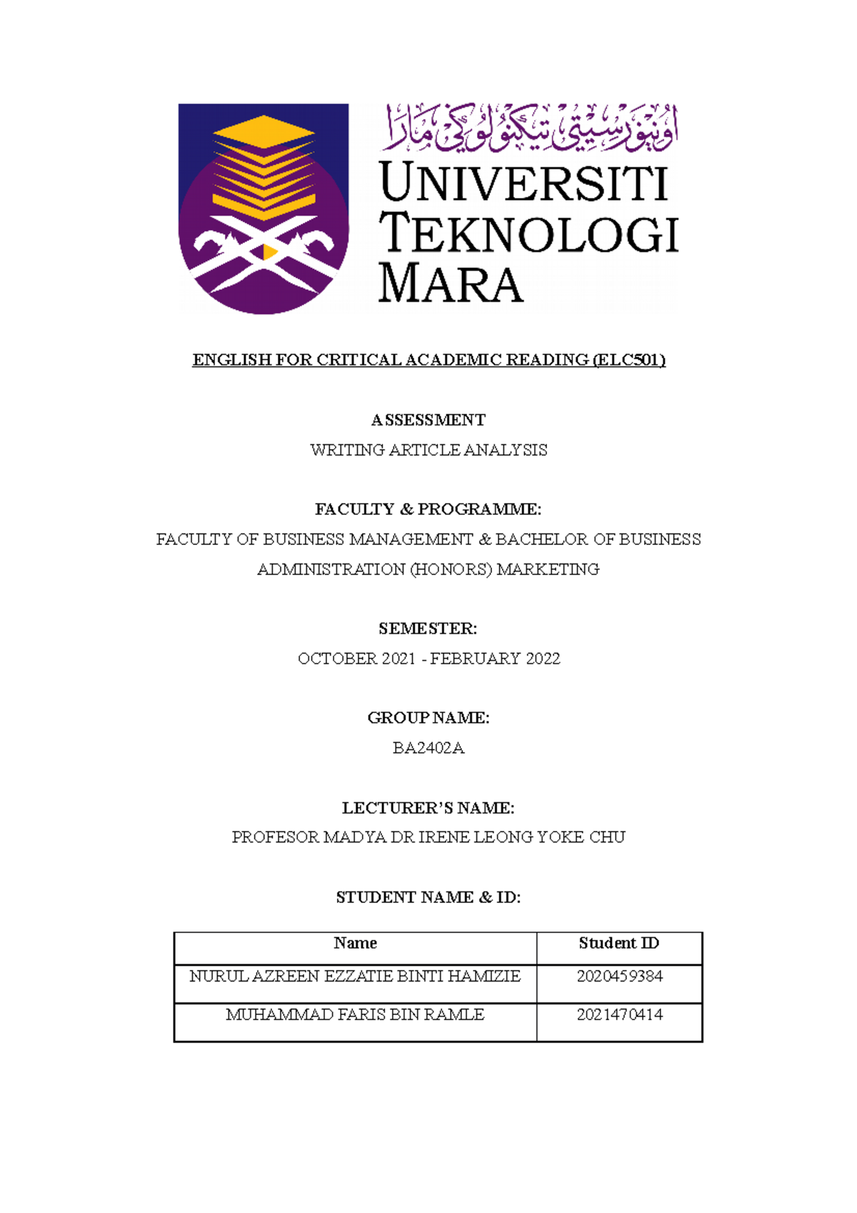 Written Article Analysis BA240 2A Muhd Faris (2021470814) Nurul Azreen ...