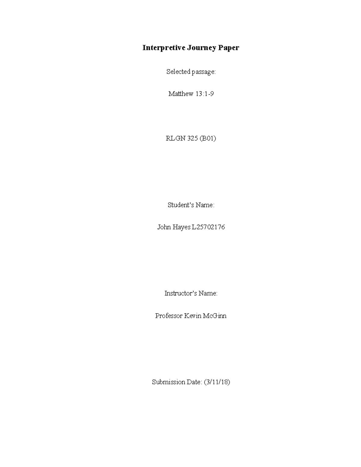 John Hayes Interpretive Journey - Interpretive Journey Paper Selected ...