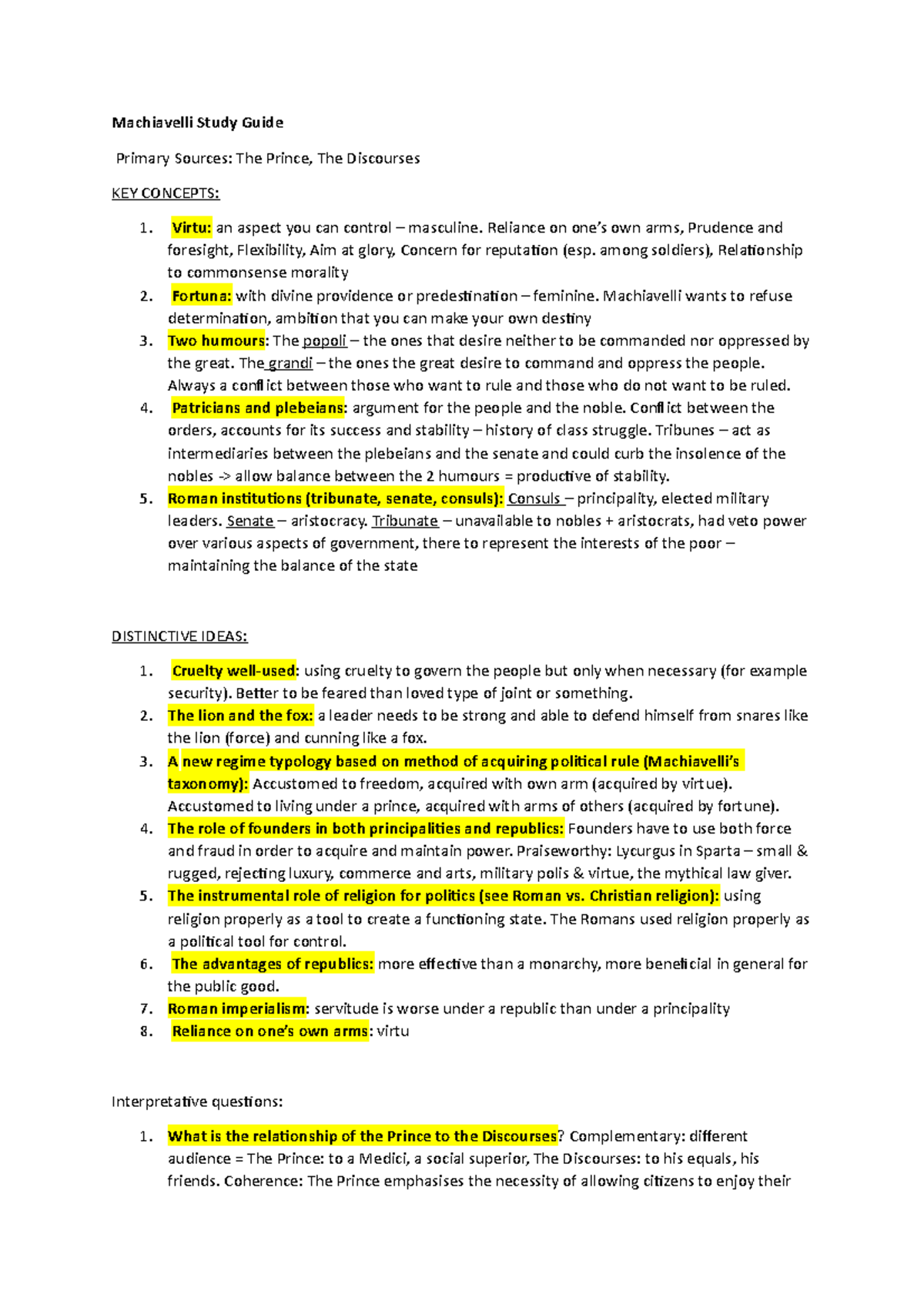POLS2119 Condesened NOtes - Machiavelli Study Guide Primary Sources ...