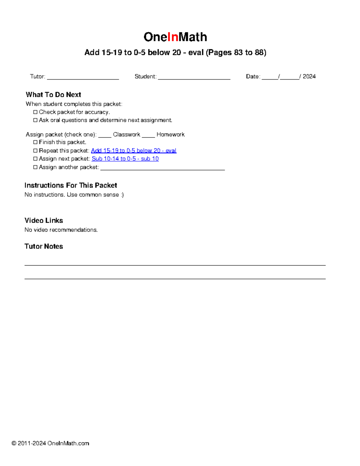 Addition of numbers between fifteen and nineteen to zero and five below ...