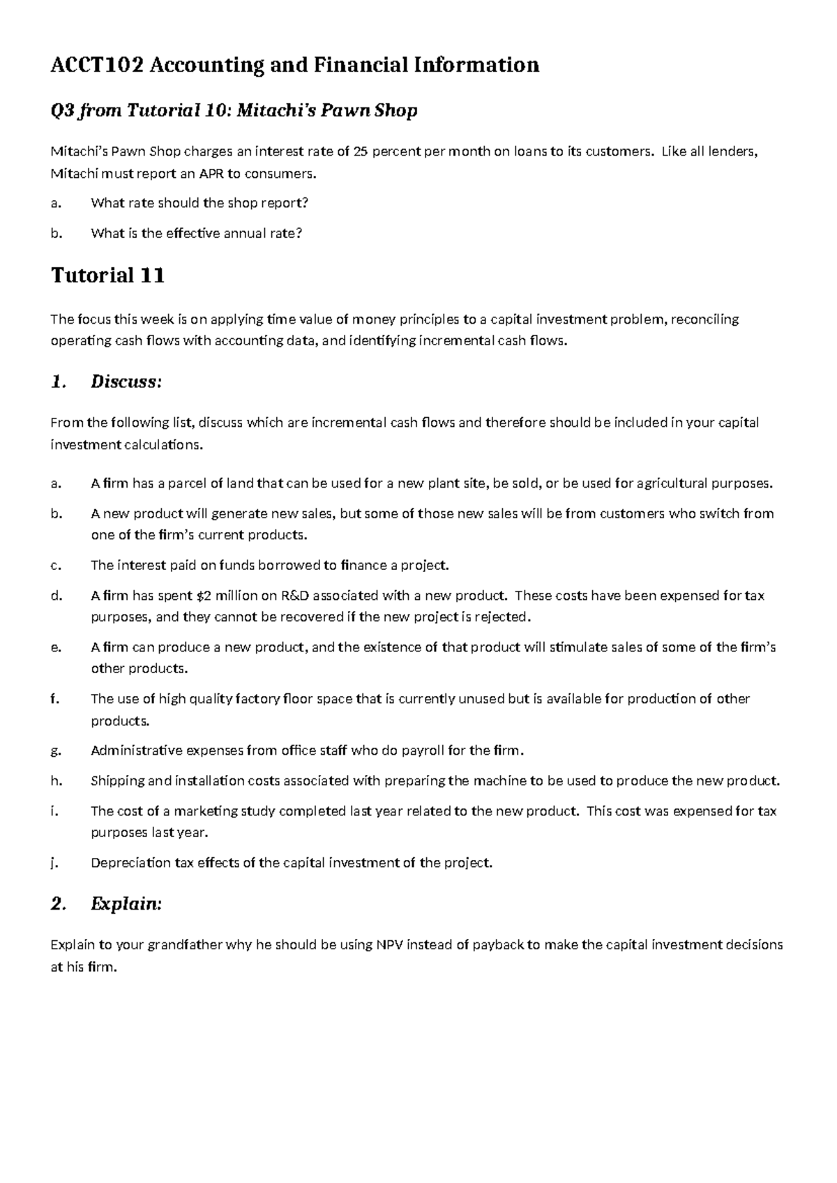 Tutorial 11 2023 with 10-3 - ACCT102 Accounting and Financial Information Q3 from Tutorial 10 ...