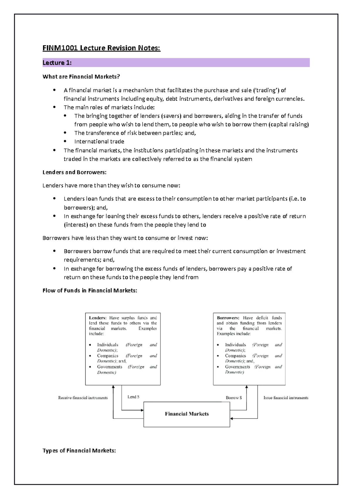 Lecture Revision Notes - FINM1001 Lecture Revision Notes: Lecture 1 ...