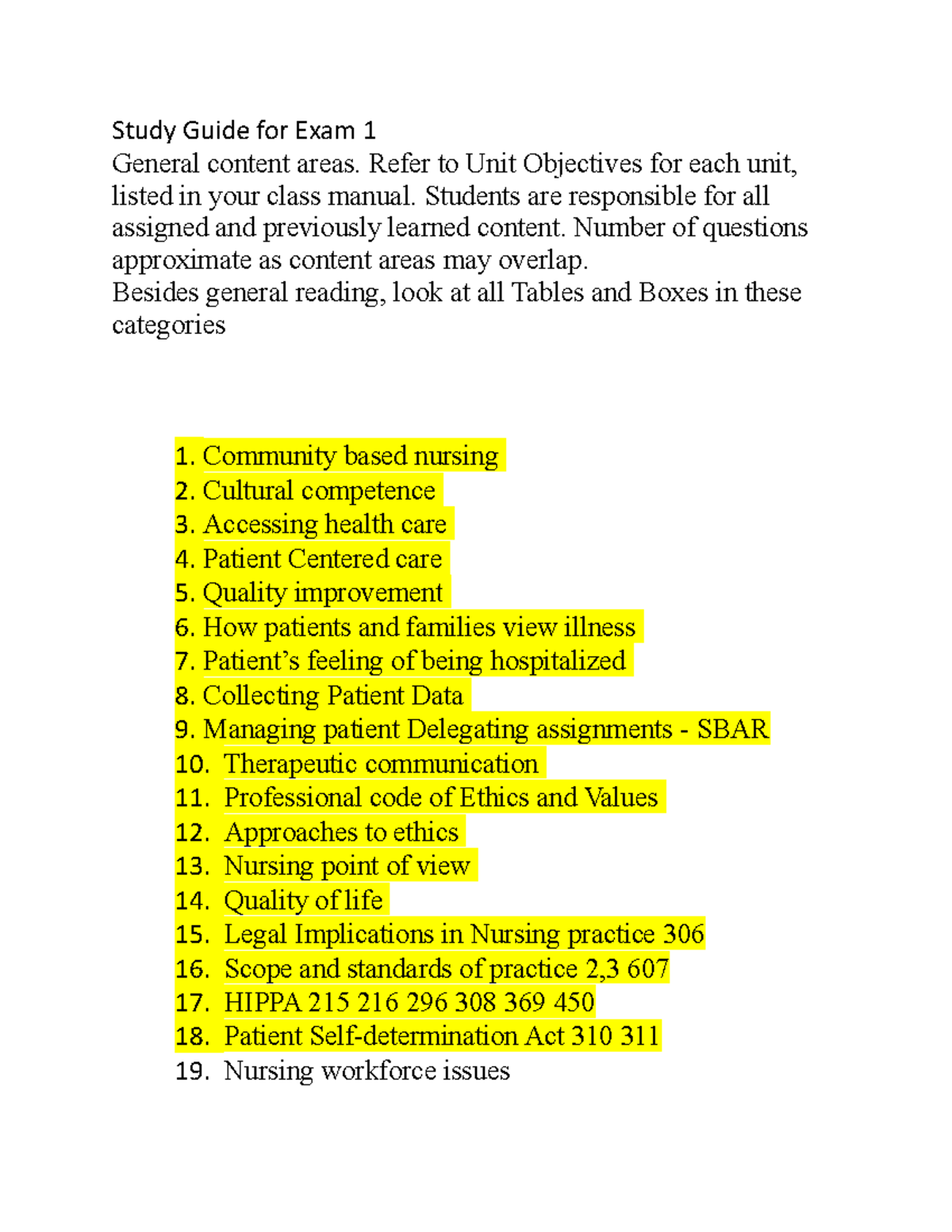 Exam 1 topics - Study Guide for Exam 1 General content areas. Refer to ...