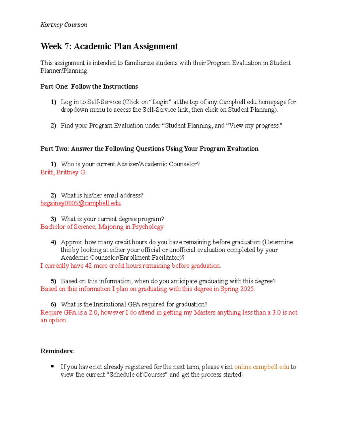 Academic Plan Submission - Kortney Courson Week 7: Academic Plan ...