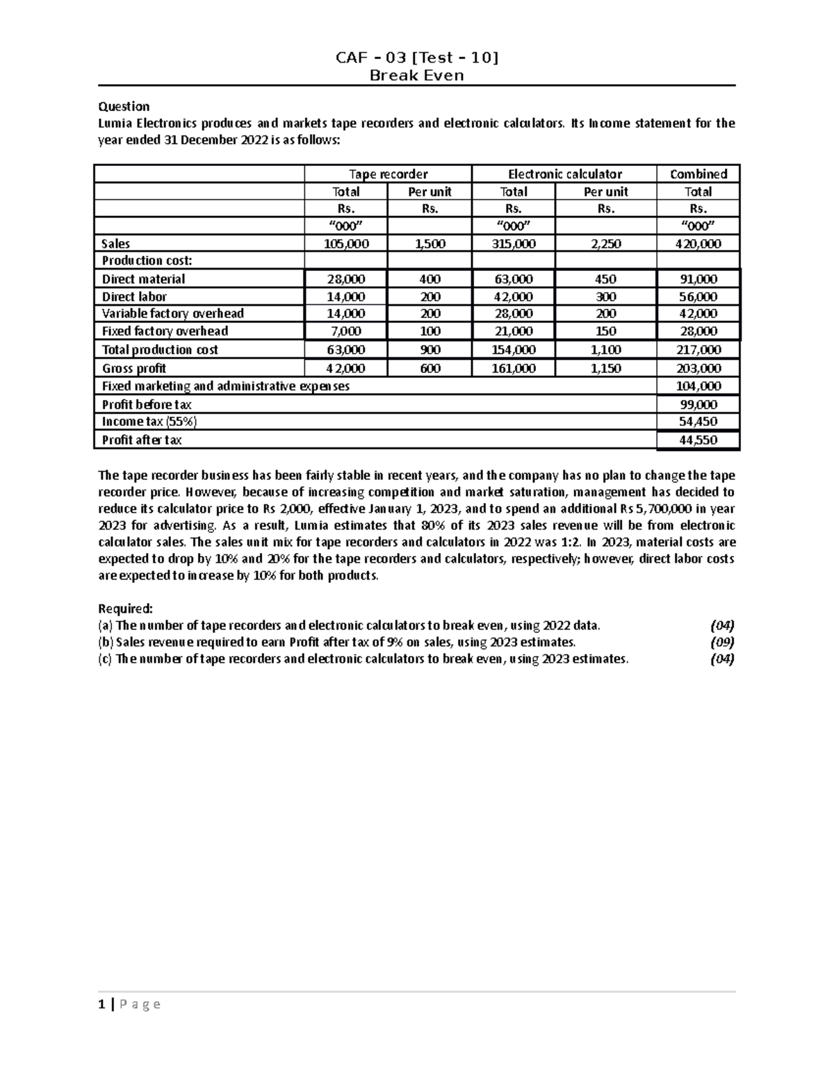 Test 10 - Break even - notes - Cost & Management Accounting - ICMA ...