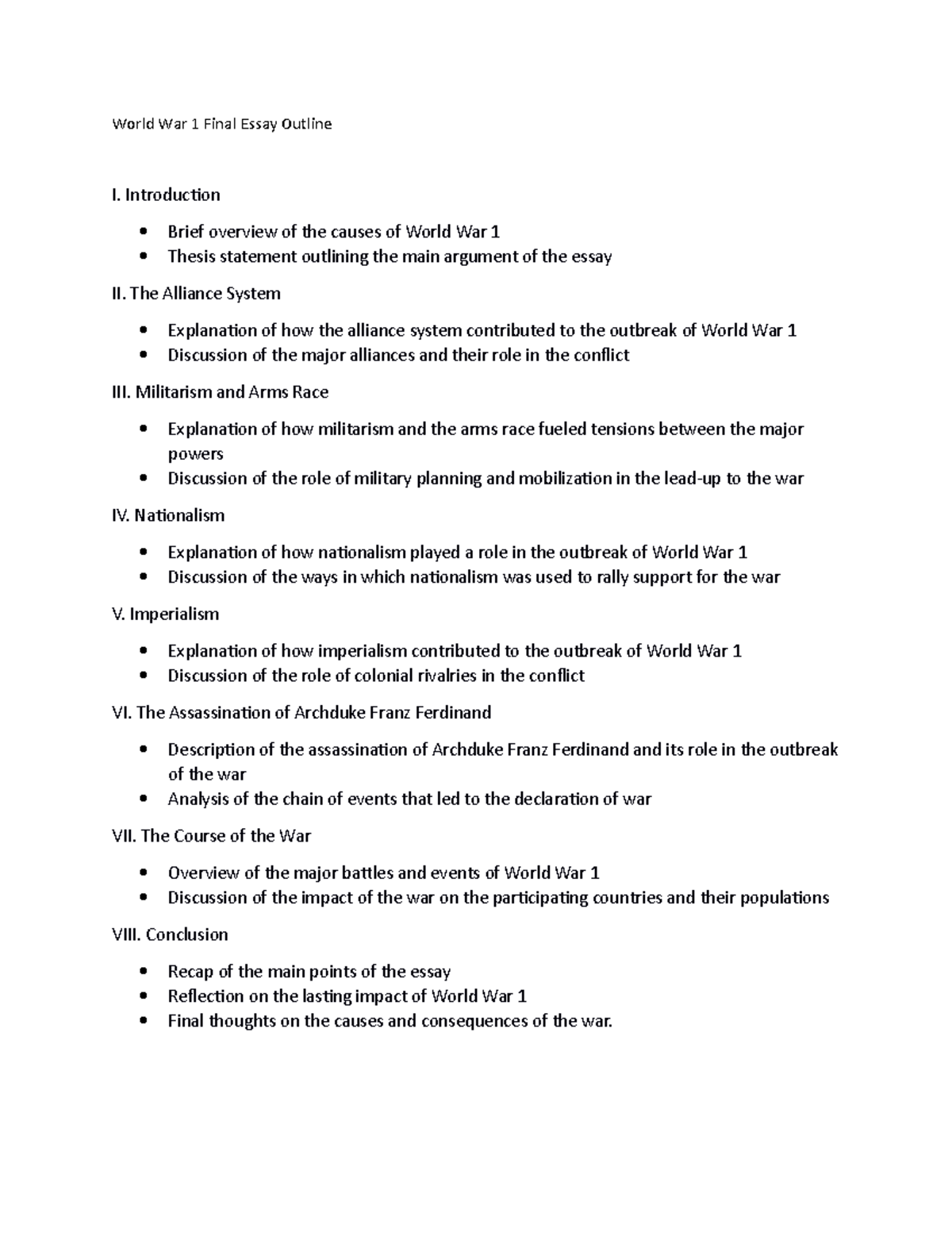 WW1 Outline - World War 1 Final Essay Outline I. Introduction Brief ...