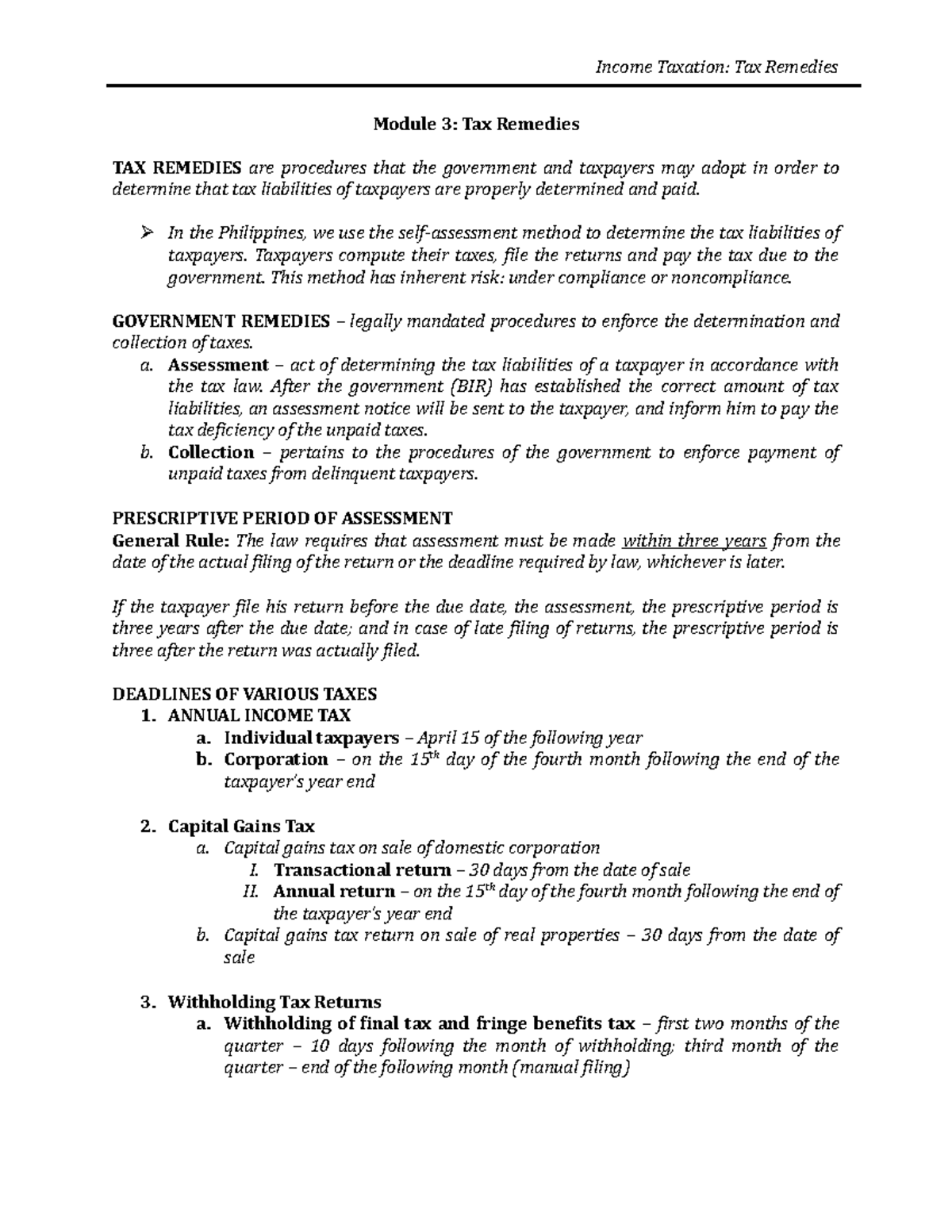 M3 - Tax Remedies - Module 3: Tax Remedies TAX REMEDIES are procedures ...