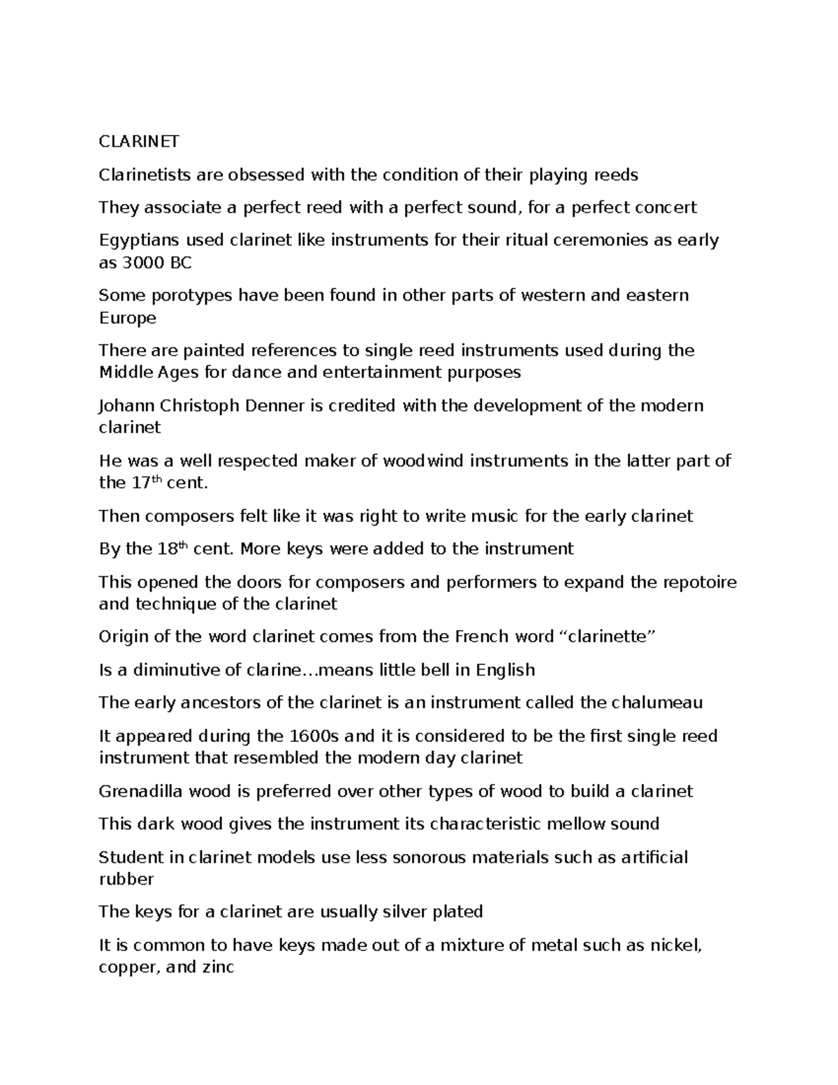 Woodwind notes for MUL1010 - CLARINET Clarinetists are obsessed with ...