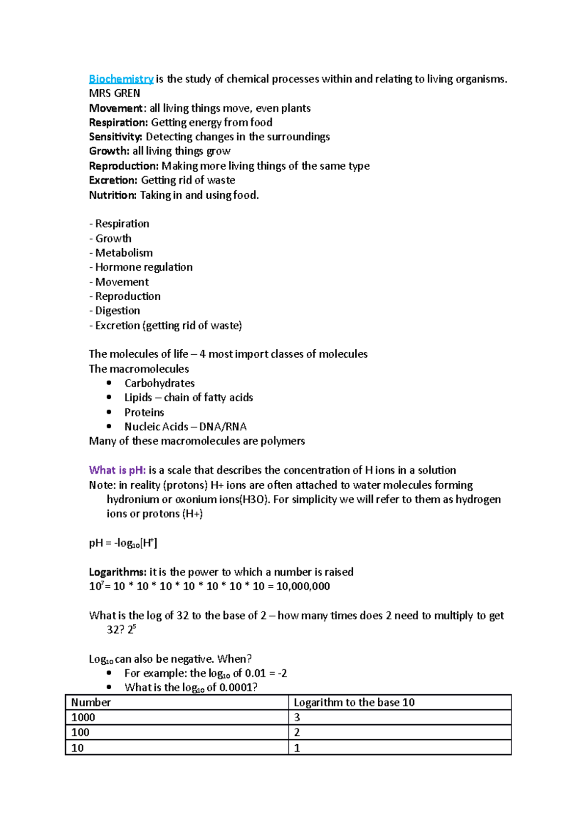 Biochemistry Test 1 Notes - Biochemistry is the study of chemical ...