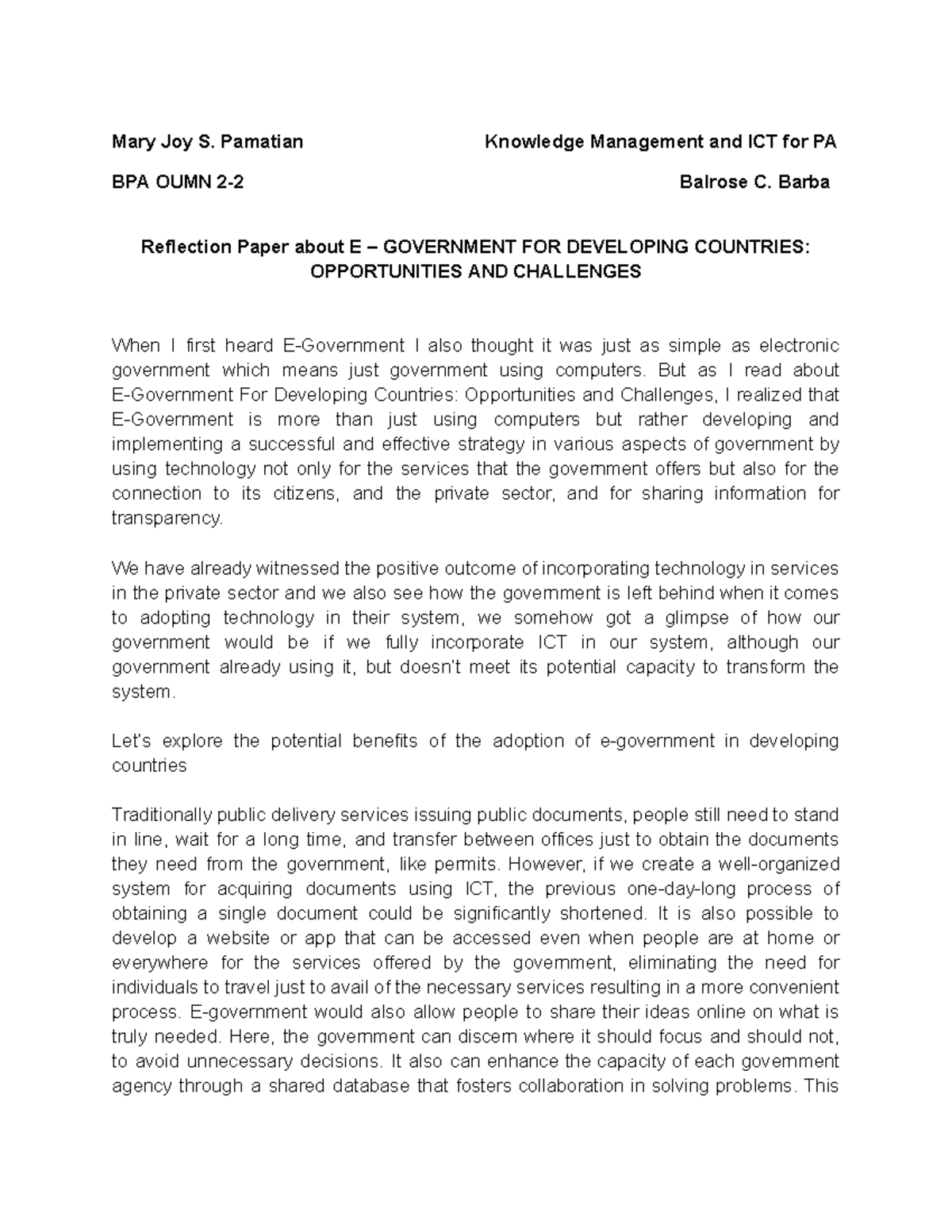 Reflection about “E – Government FOR Developing Countries - Mary Joy S ...