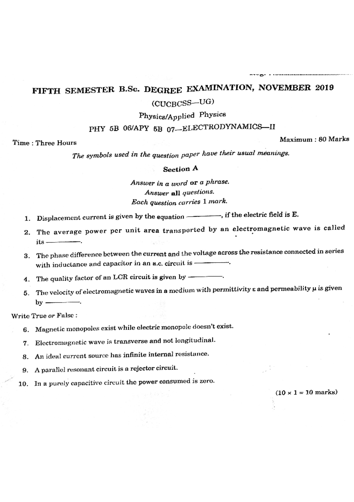 Electrodynamics 2019 November - FIFTH SEMESTER B. DEGREE EXAMINATION ...