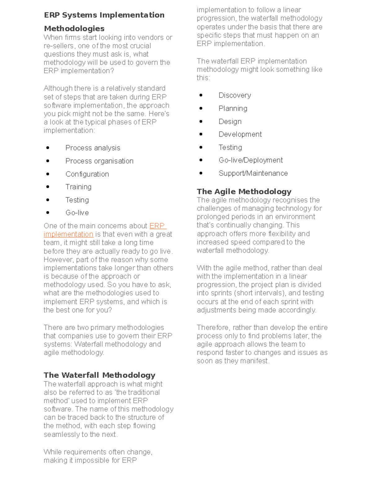 Erp unit 2 - notes - ERP Systems Implementation Methodologies When ...