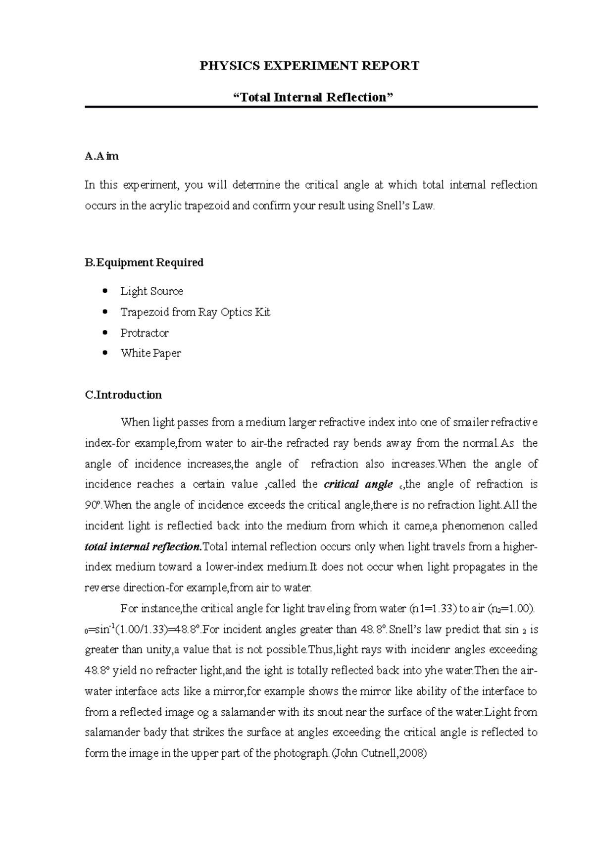 Physics experiment report Total Internal Reflection - PHYSICS EXPERIMENT REPORT “Total Internal ...