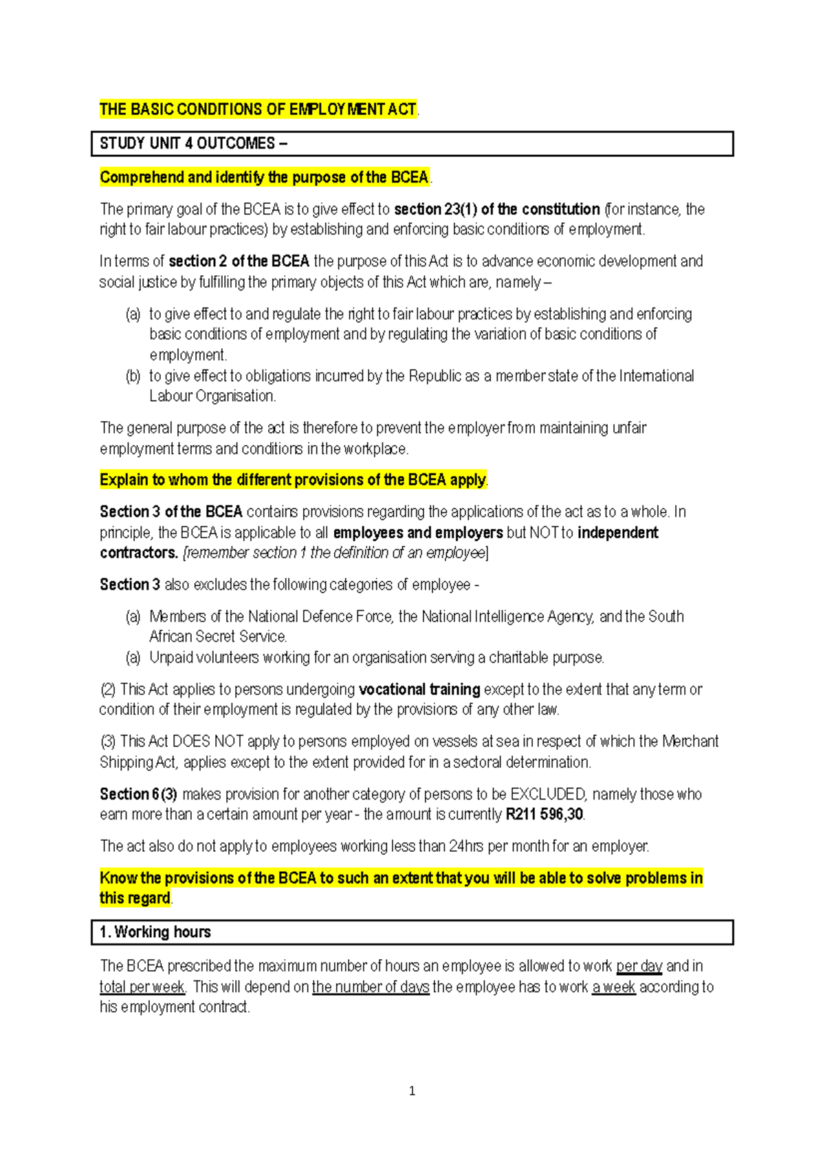 Study UNIT 4 IURI222 - 1 THE BASIC CONDITIONS OF EMPLOYMENT ACT. STUDY ...