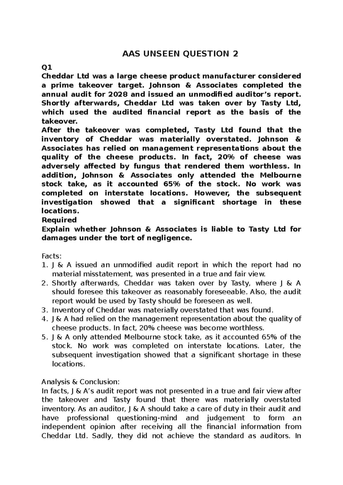 AAS Unseen Question WEEK 2 - AAS UNSEEN QUESTION 2 Q Cheddar Ltd was a ...