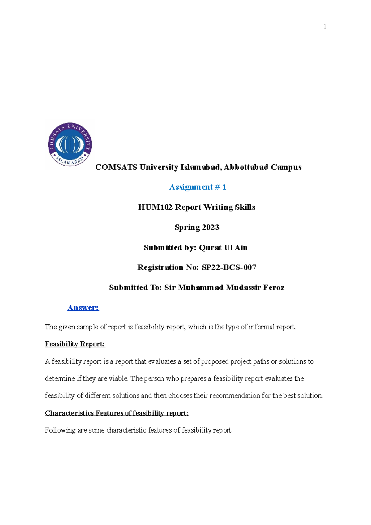 Report 1 - 1 COMSATS University Islamabad, Abbottabad Campus Assignment ...