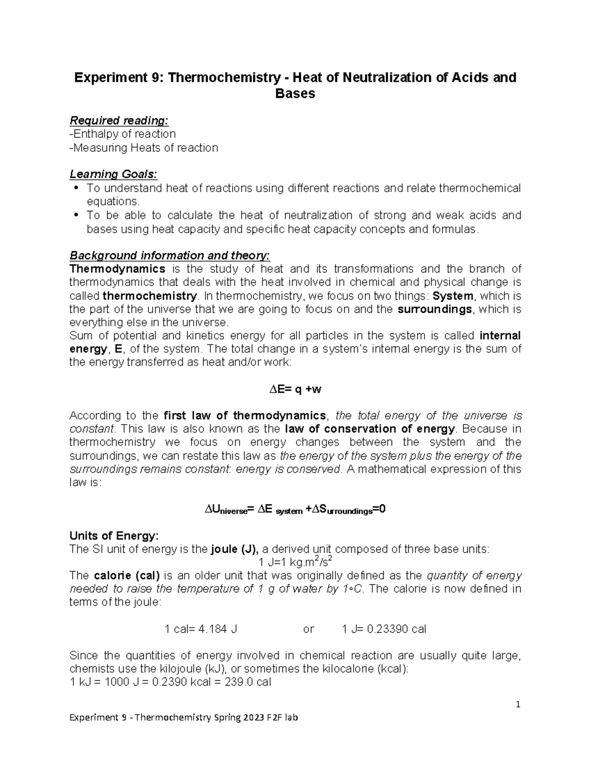 Experiment 9 Thermochemistry 1 - 1 Experiment 9: Thermochemistry - Heat ...