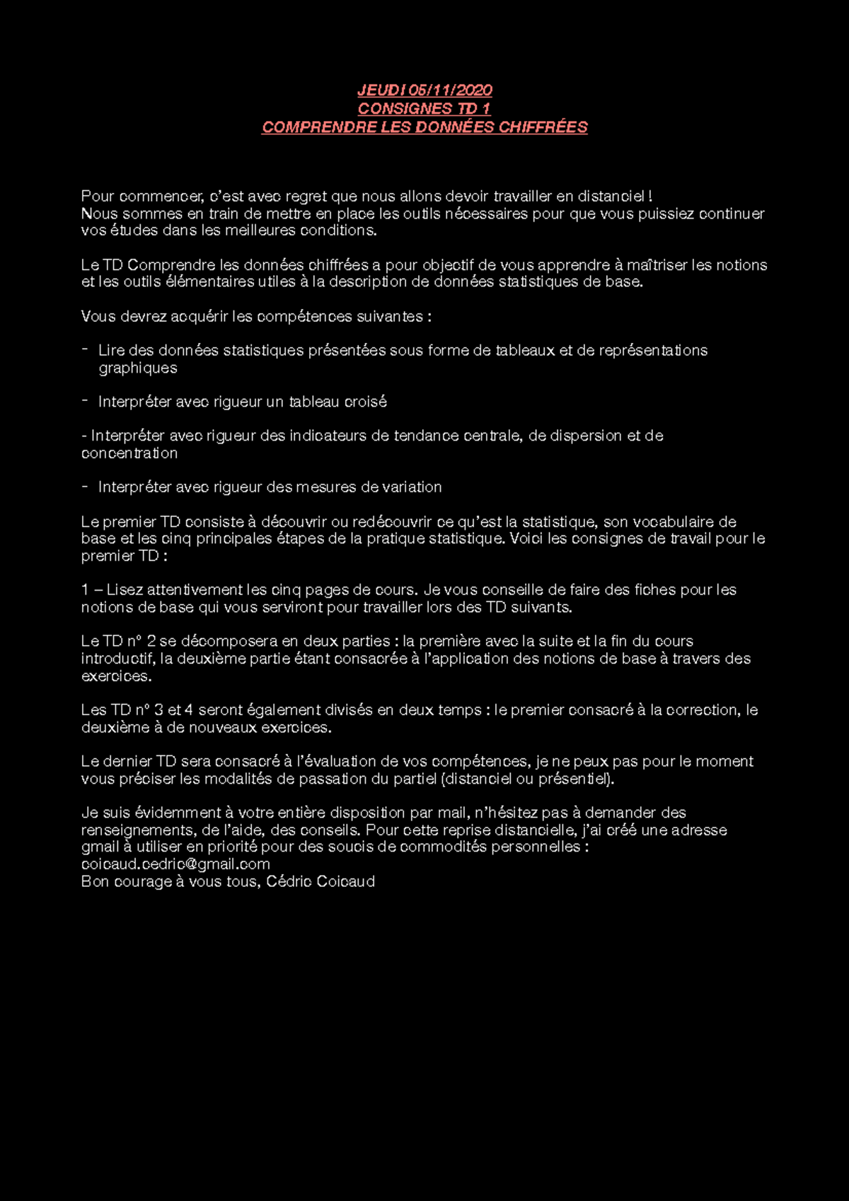 TD Consigne - Notes de cours 1 - JEUDI 05/11/ CONSIGNES TD 1 COMPRENDRE ...