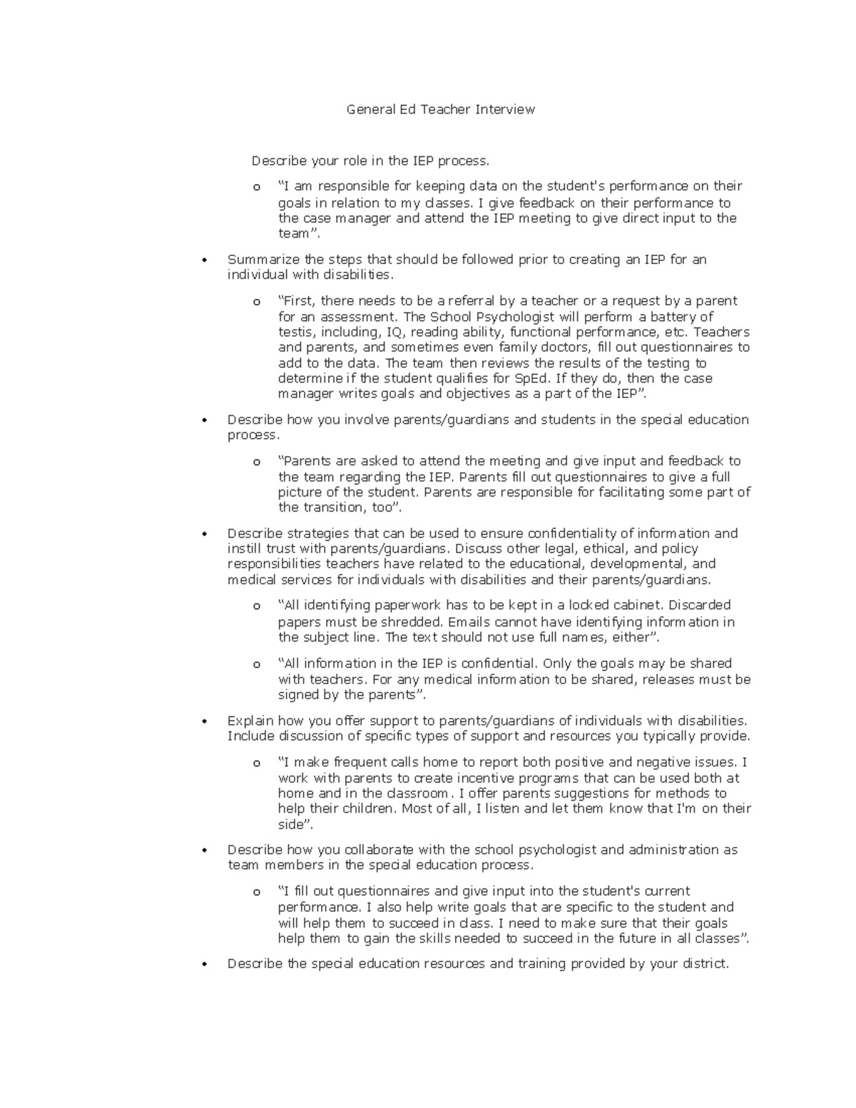 Gen Ed teacher interview SPD500 - General Ed Teacher Interview Describe ...