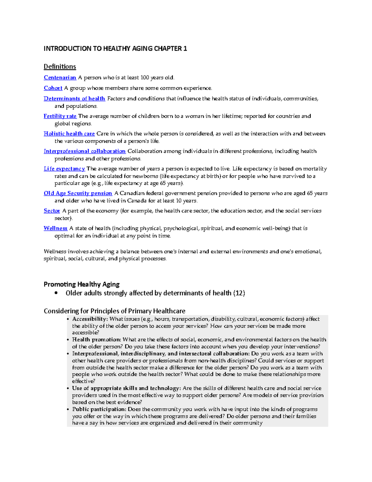 Week 1 Notes - Week 1 Older Adult Chapter Reading focused note ...