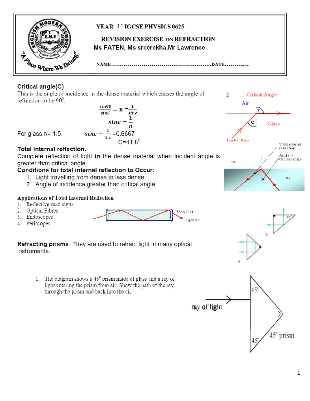 YEAR 11 Refraction Worksheet 1 - Physics geology - Studocu
