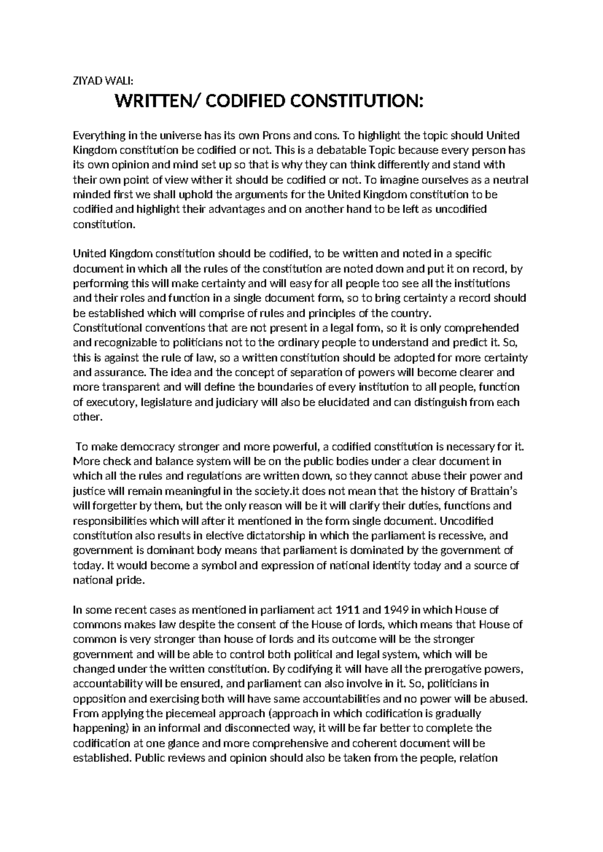 Should Uk Constitution be codified or not copy - for merge - ZIYAD WALI ...