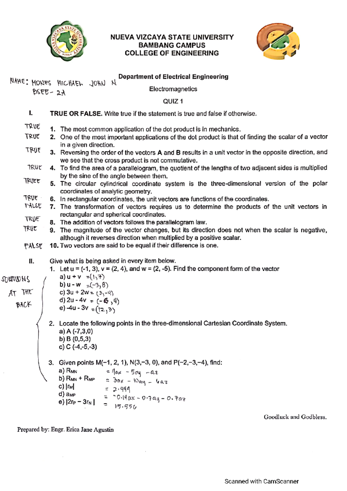 Quiz1.1 electromagnetics - BS Electronics Engineering - Studocu