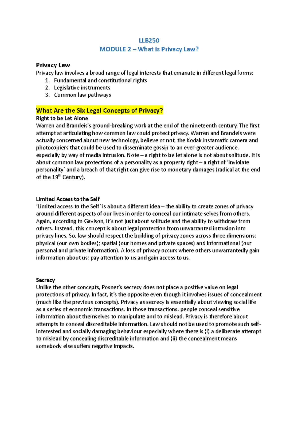 Module 2 - Notes - LLB MODULE 2 – What is Privacy Law? Privacy Law ...