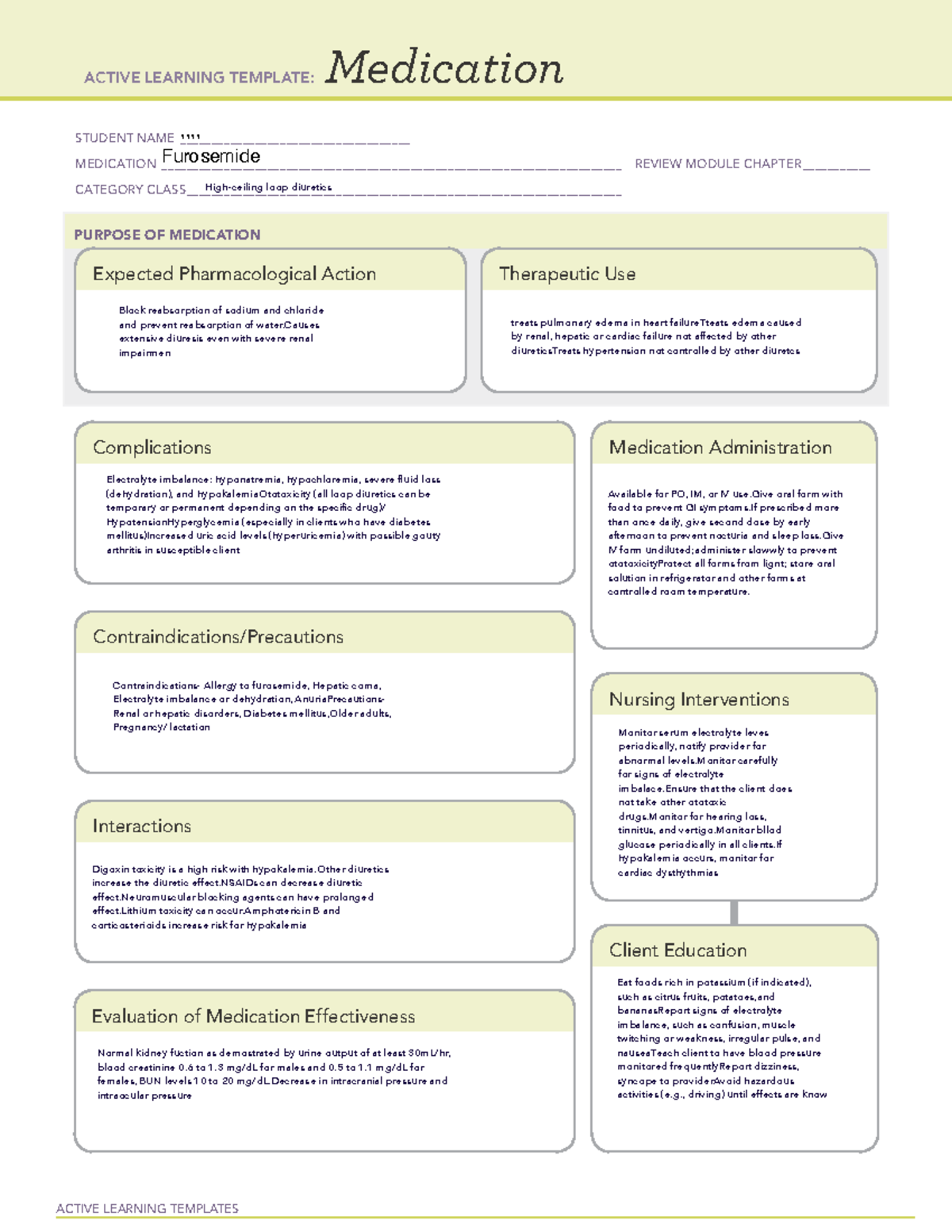 Furosemide - ACTIVE LEARNING TEMPLATES Medication STUDENT NAME