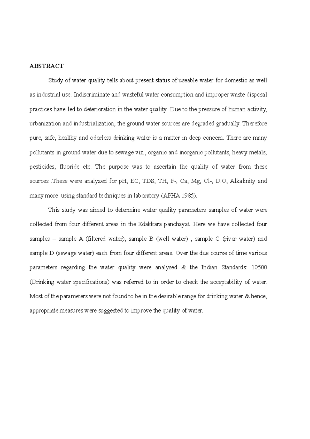 Water analysis project reprt - ABSTRACT Study of water quality tells ...