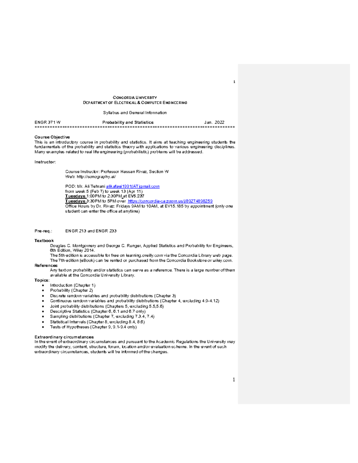 New Syllabus - Course outline for engr 371 - CONCORDIA UNIVERSITY ...