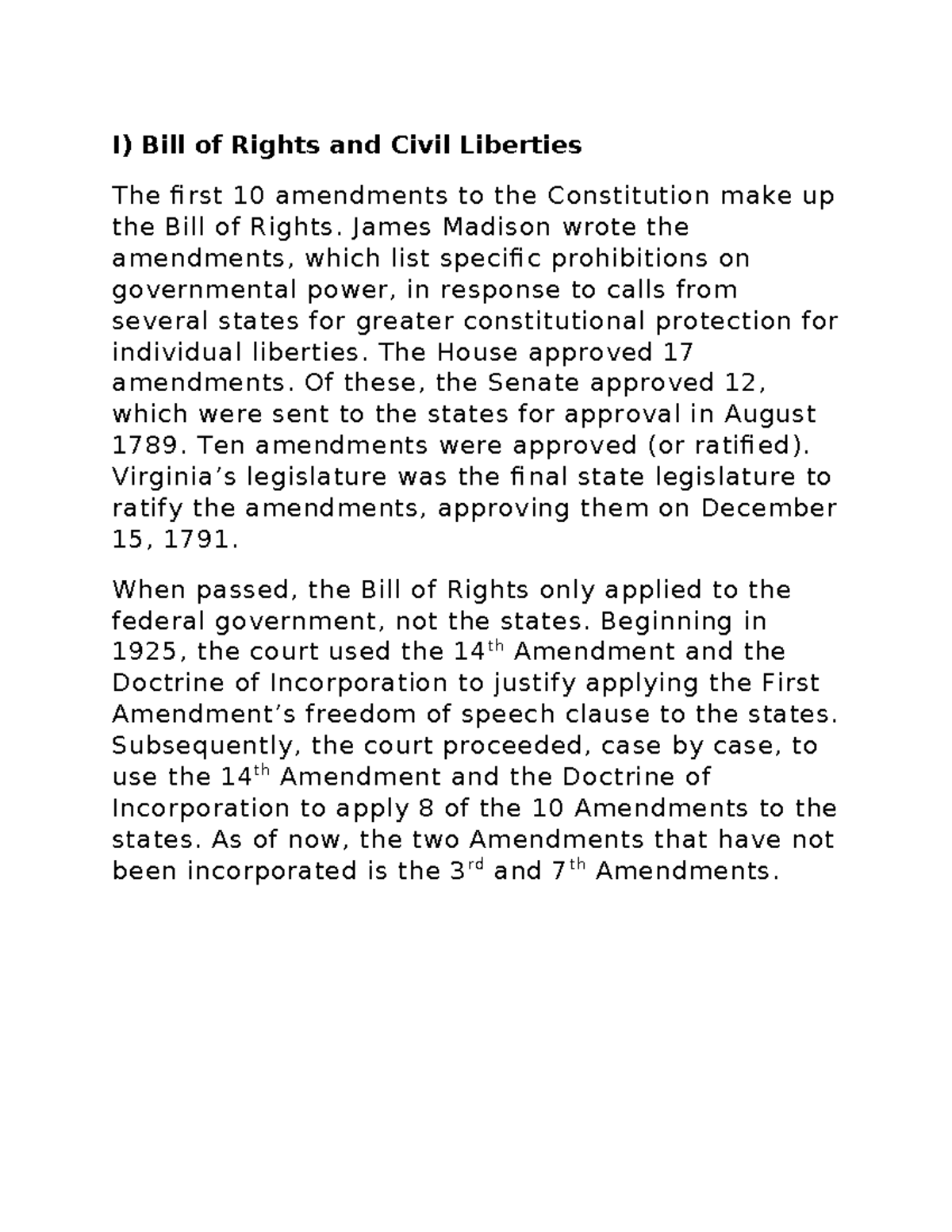 EXAM2 Borlecture - I) Bill of Rights and Civil Liberties The first 10 ...