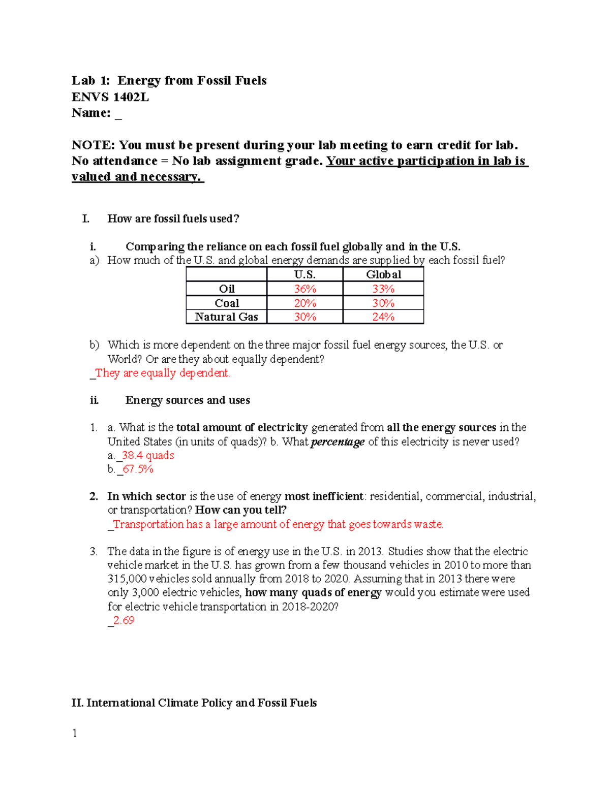 Lab 1 - Science Lab #1 Worksheet - Lab 1: Energy from Fossil Fuels ENVS ...