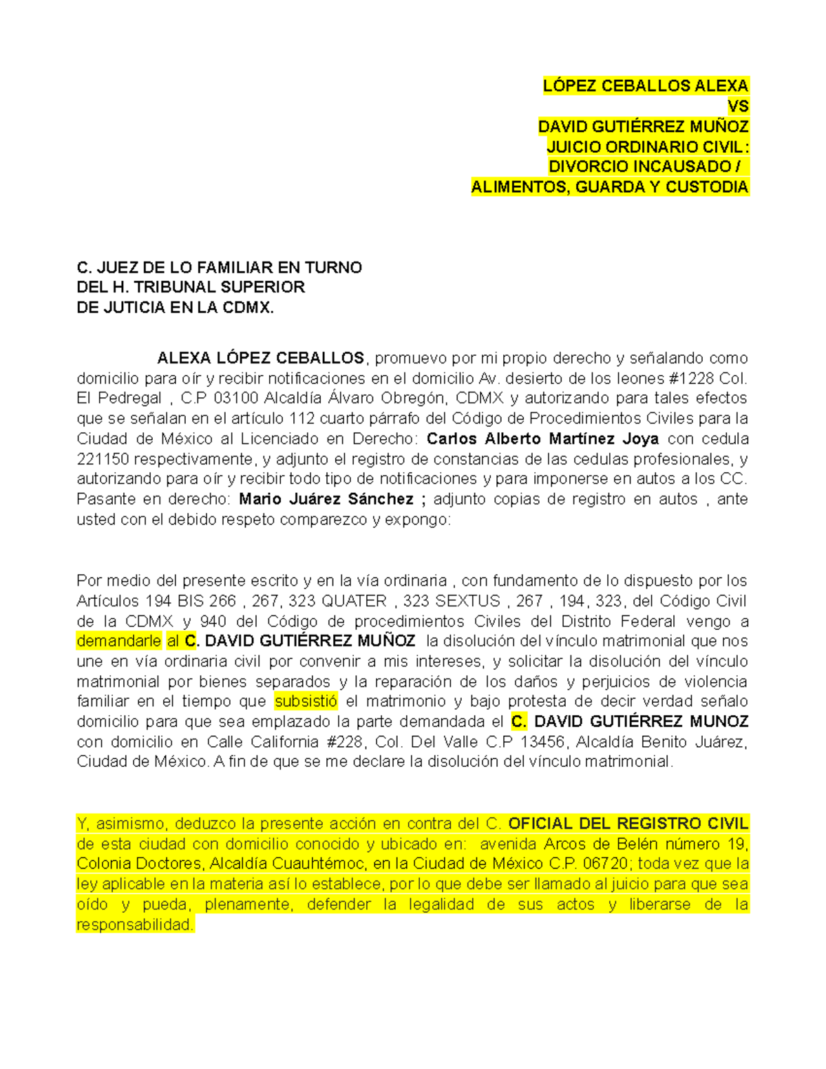 Escrito Inicial de Demanda - LÓPEZ CEBALLOS ALEXA VS DAVID GUTIÉRREZ MUÑOZ JUICIO ORDINARIO ...